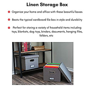 Internet's Best Collapsible File Box Storage Organizer with Lid - Decorative Linen Filing & Storage Office Boxes – Hanging Letter/Legal Folder – Home Office Bins Cabinet – Grey Container - 1 Pack
