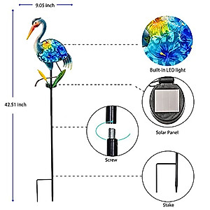 WUFEILY Heron Solar Garden Lights, Hand-Painted Glass Solar Garden Decor, Lawn Ornaments Solar Stake Lights Yard Art Solar Landscape Lights for Patio Lawn Yard Porch Decor