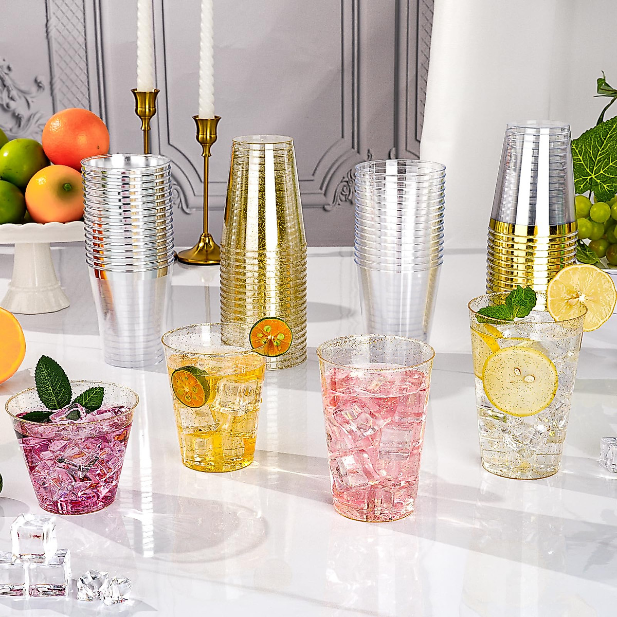 Goodluck 14 oz 50 PCS Gold Glitter Plastic Cups, Disposable Glitter Cups, Elegant Plastic Cocktail Glasses, Fancy Party Cups for Wedding, Birthday, Holiday