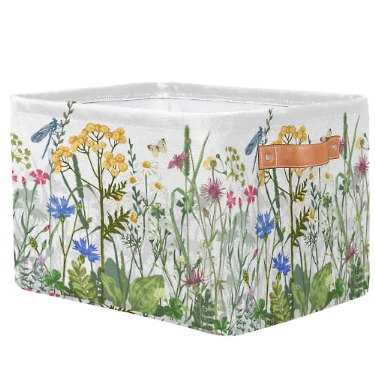 Storage Basket Bin, Flower Herb Butterfly Dragonfly Large Collapsible Storage Cube Box with Handle Durable Waterproof Closet Shelf Organizer for Toy Nursery Bedroom Laundry Basket, 1 Pcs