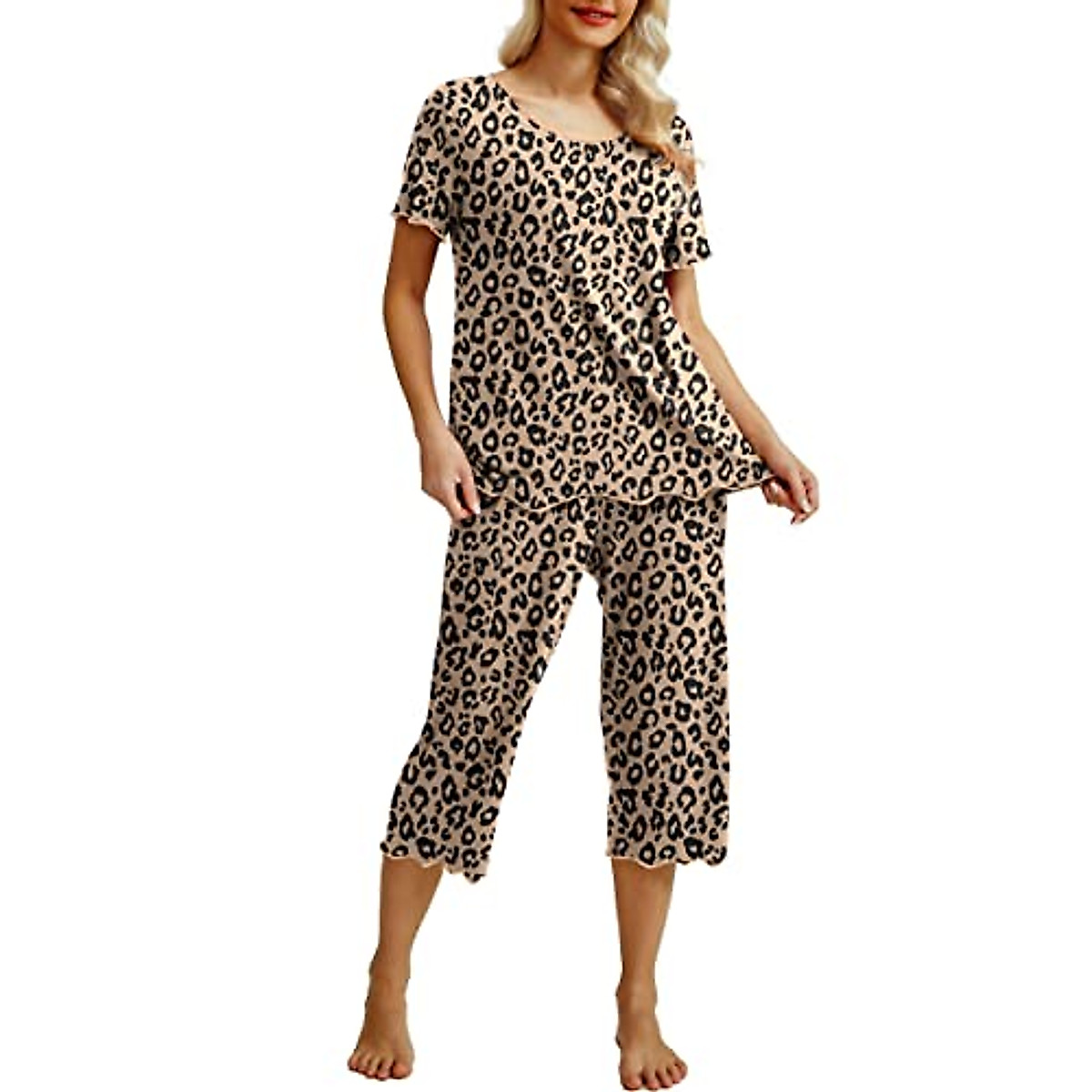 PrinStory Pajamas for Women Set Women Pj Set Womens Capri Pjs Sets Lightweight Pajama Pants for Women Ladies Causal Lounge Wear Set (LD Khaki XL)