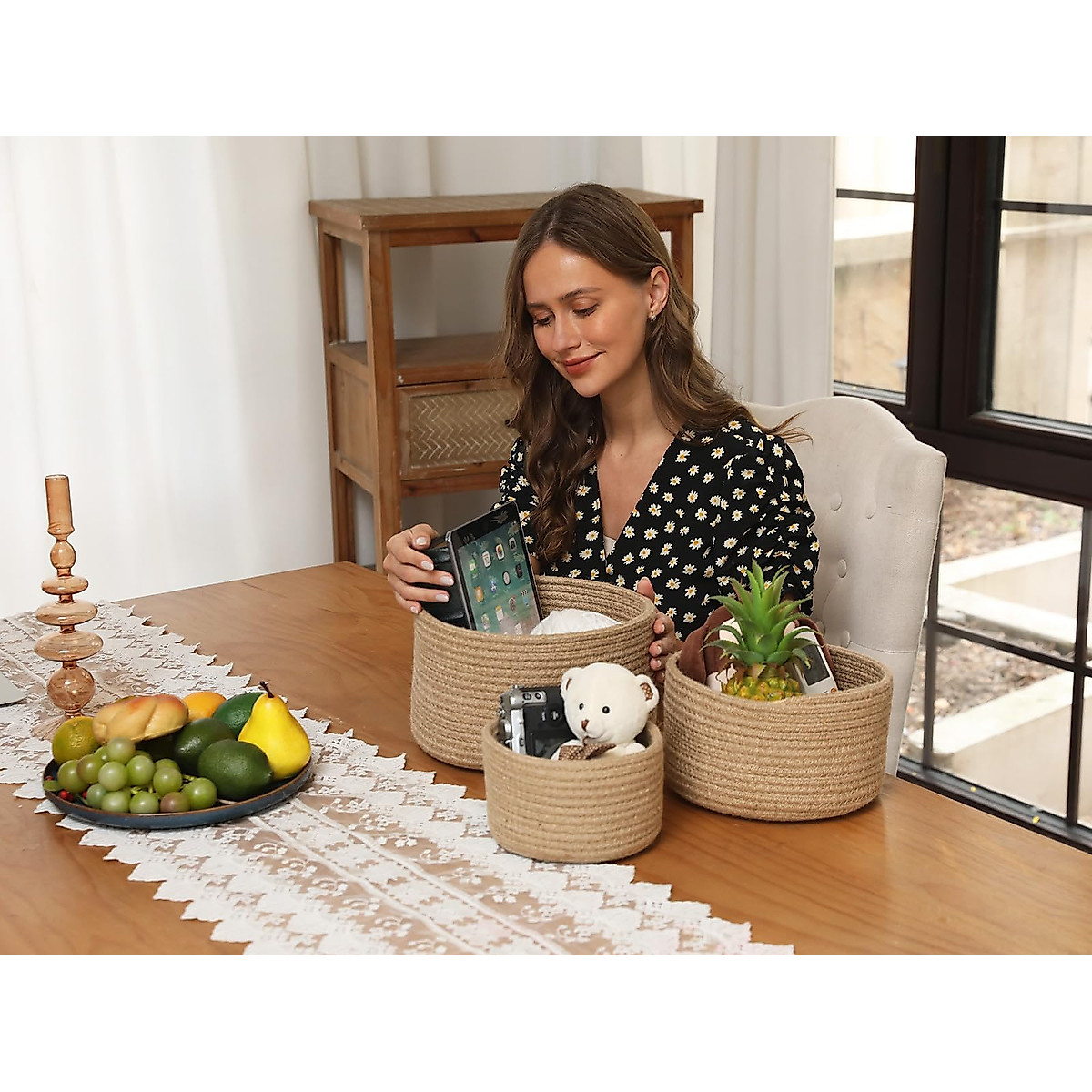 Cottonphant Set of 3 Stylish Round Woven Baskets with Lids - Elegant Storage Solution for Home Decor and Organization - Compact Shelf Baskets (Jute, 10"x6"-8"x5"-6"x4")