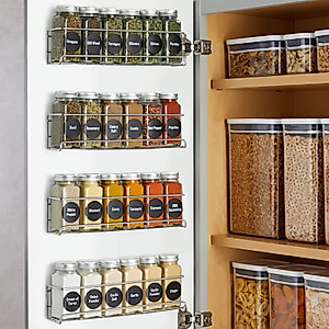 Talented Kitchen 4 Stainless Steel Spice Racks Wall Mount Organizer for Cabinet Door with 24 Empty 4oz Glass Jars, 269 Clear Seasoning Labels (2 Styles)