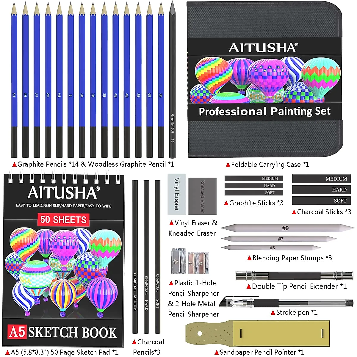 AITUSHA 36-Piece Professional Sketch Pencil Set with 50-Page Drawing Pad: Perfect Art Supplies for Artists, Beginners, Adults, and Teens