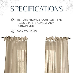 Elrene Home Fashions Vienna Sheer Tie-Top Window-Curtain Panel, 52 in x 84 in (1 Panel), Flax