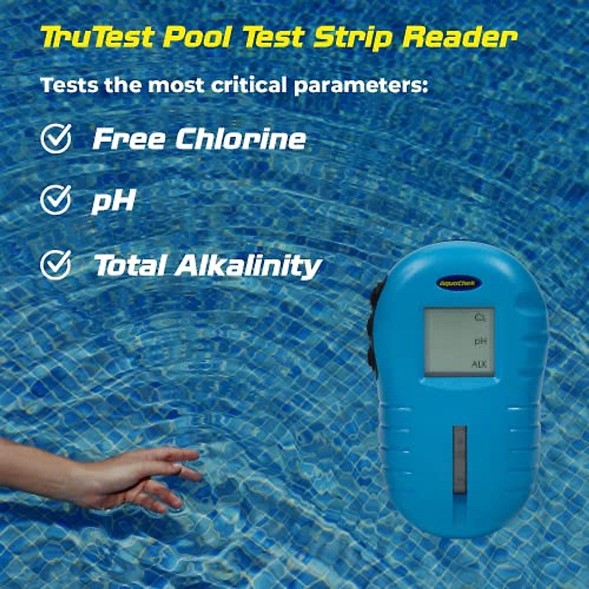 AquaChek TruTest Digital Test Strip Reader For Pool and Spa Water Testing - Tests for Free Chlorine, Free Bromine, pH, and Total Alkalinity - Quick & Accurate Results Includes 25 TruTest Strips (Blue)