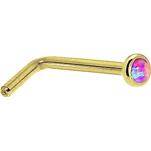 Body Candy Solid 14k Yellow Gold 2mm Fuchsia Synthetic Opal L Shaped Nose Stud Ring 18 Gauge 1/4"