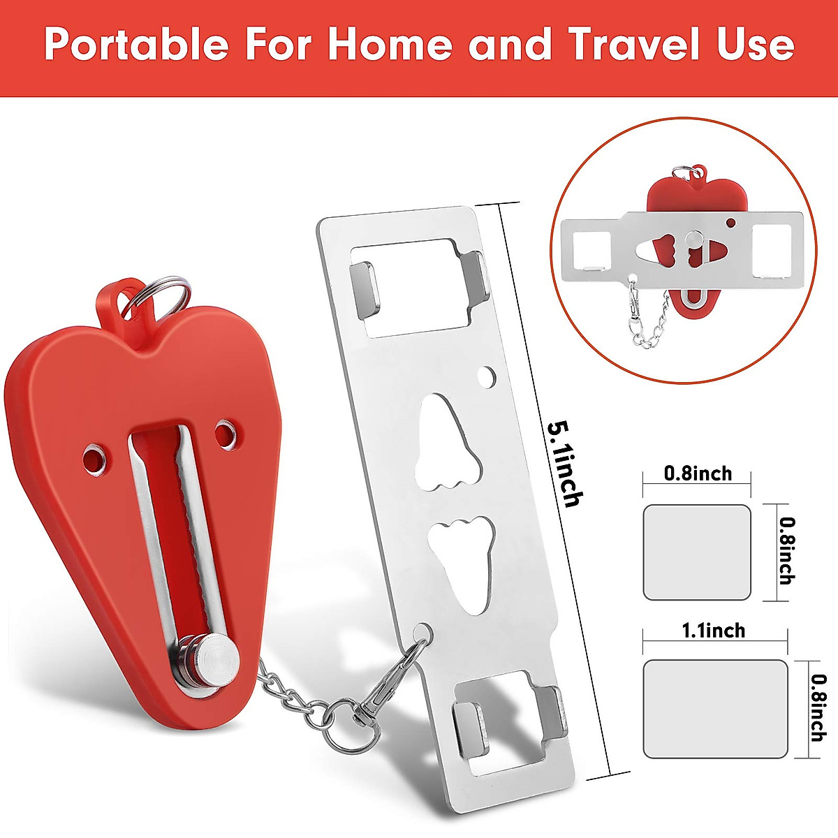 Portable Door Lock,Stainless Steel Travel Door Lock for Security,Portable Security Door Stop (Red)