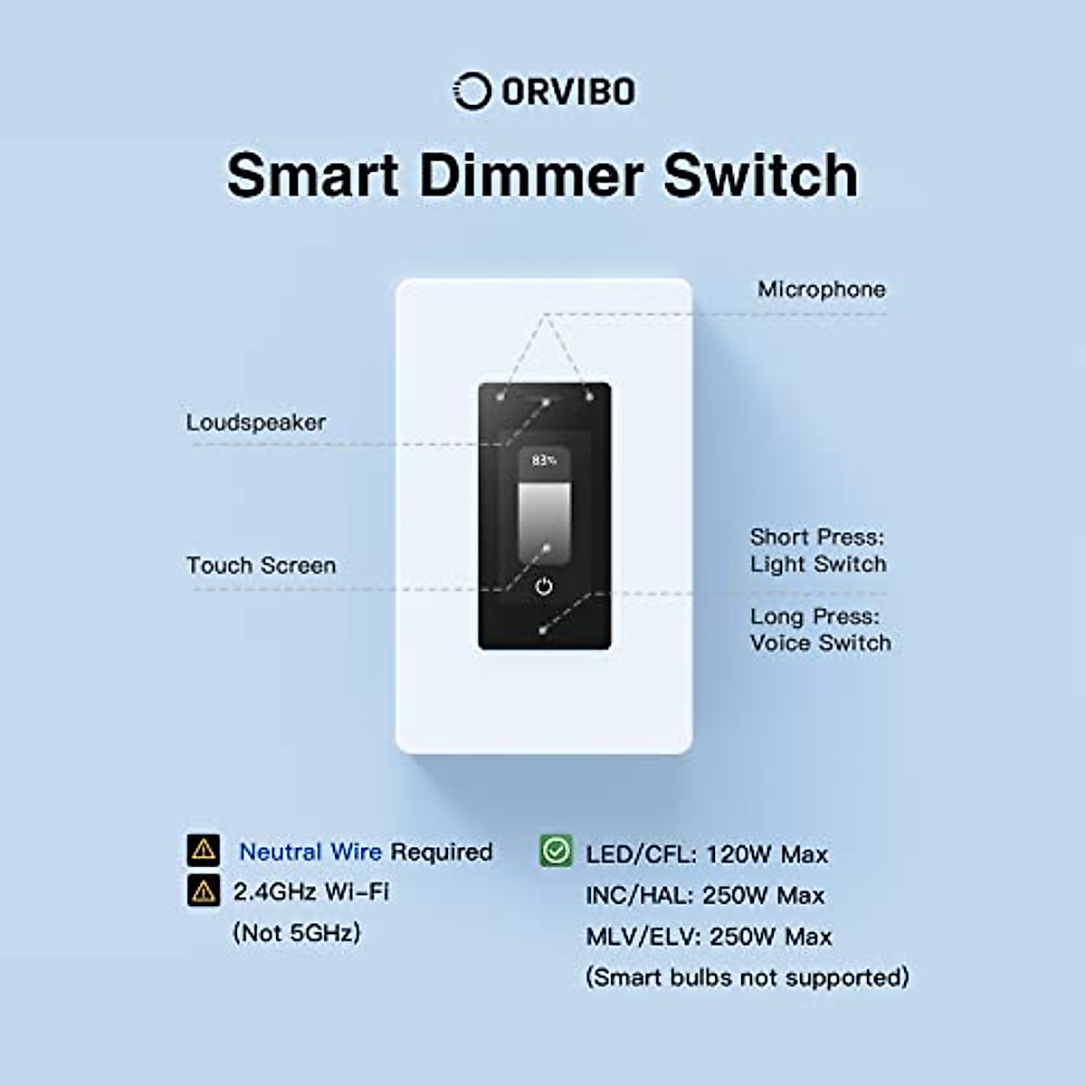 ORVIBO Matter Smart Touchscreen Dimmer Switch, 2.4GHz WiFi Dimmer Light Switch with Home Talk | Voice Control | Works with Alexa & Google Home | Timer & Schedule | Single Pole | Neutral Wire Required