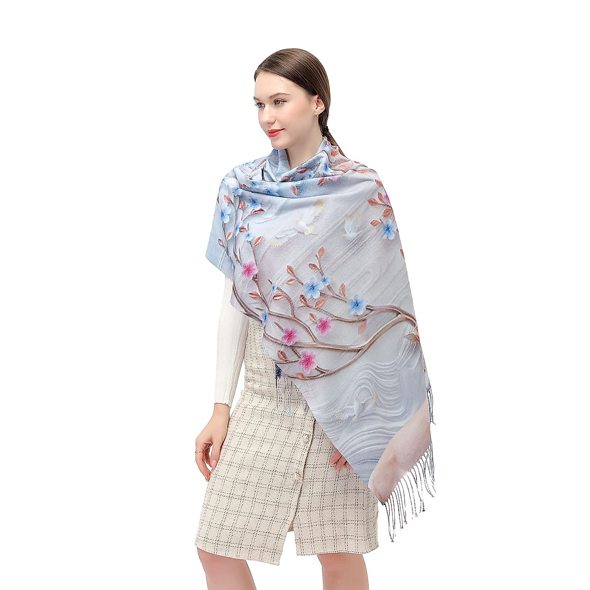 XINYUN Fashion Scarfs for Women with Elk Print Grey Cashmere Shawls and Warps Large Soft Pashmina Blanket Scarf Winter Warm Christmas Gift for Ladies