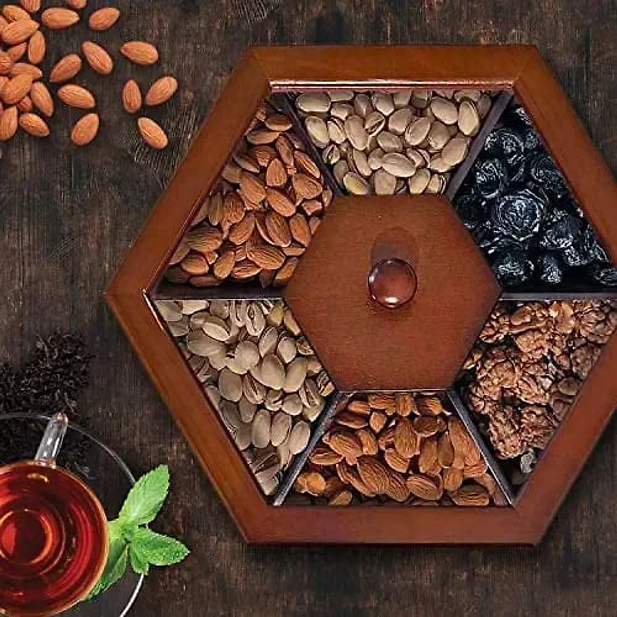 Wooden Dried Fruit Box, Multifunction Snack Storage Container Sectional Tray with Clear Window on the Lid, 7 Compartments Party Serving Platter for Candy/Nut/Sweets Cookies