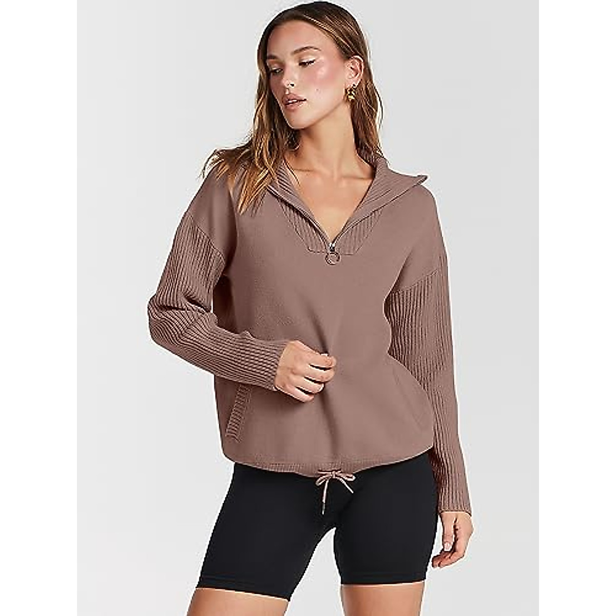 ANRABESS Quarter Zip Sweaters for Women Long Sleeve Casual Collared V Neck Knit Zipper Loose Fit Solid Pullover Jumper 2023 Fall Winter Fashion Clothes with Pockets 780doukou-S