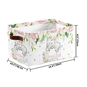 Elephant Pink Floral Personalized Storage Bins Basket Cubic Organizer with Durable Handle for Shelves Wardrobe Nursery Toy 1 Pack