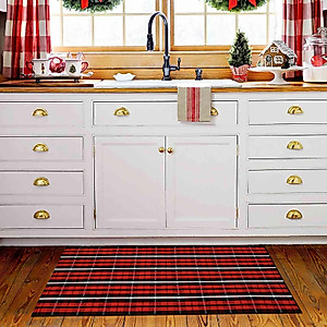Buffalo Plaid Outdoor Rug Christmas Door Mat Christmas Decor Welcome Rug Cotton Hand-Woven Layered Door Mats for Front Porch, Kitchen, Farmhouse, Entryway (24"x51", Red/Black/White)