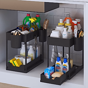 TYNIOPO Under Sink Organizers and Storage, 2-Tier Under Bathroom Cabinet Storage with Sliding Basket, Multi-purpose Storage Rack for Bathroom Kitchen Countertop Cabinet