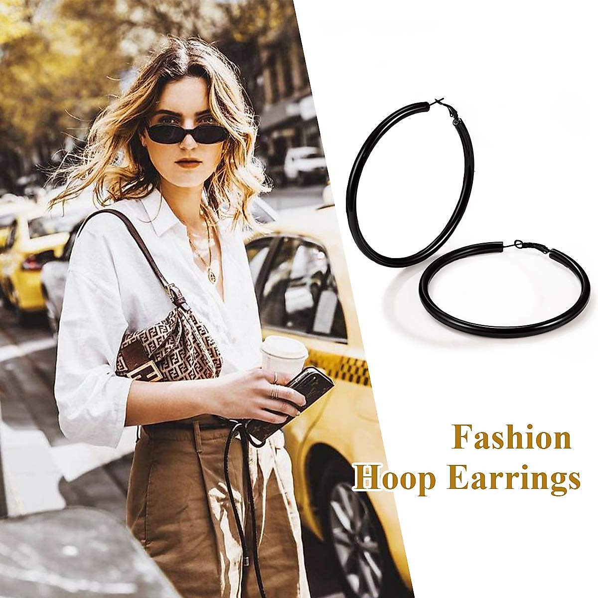 FOCALOOK Hoop Earrings Black Stainless Steel 40mm Chunky Round Cirlcle Endless Hoops for Women