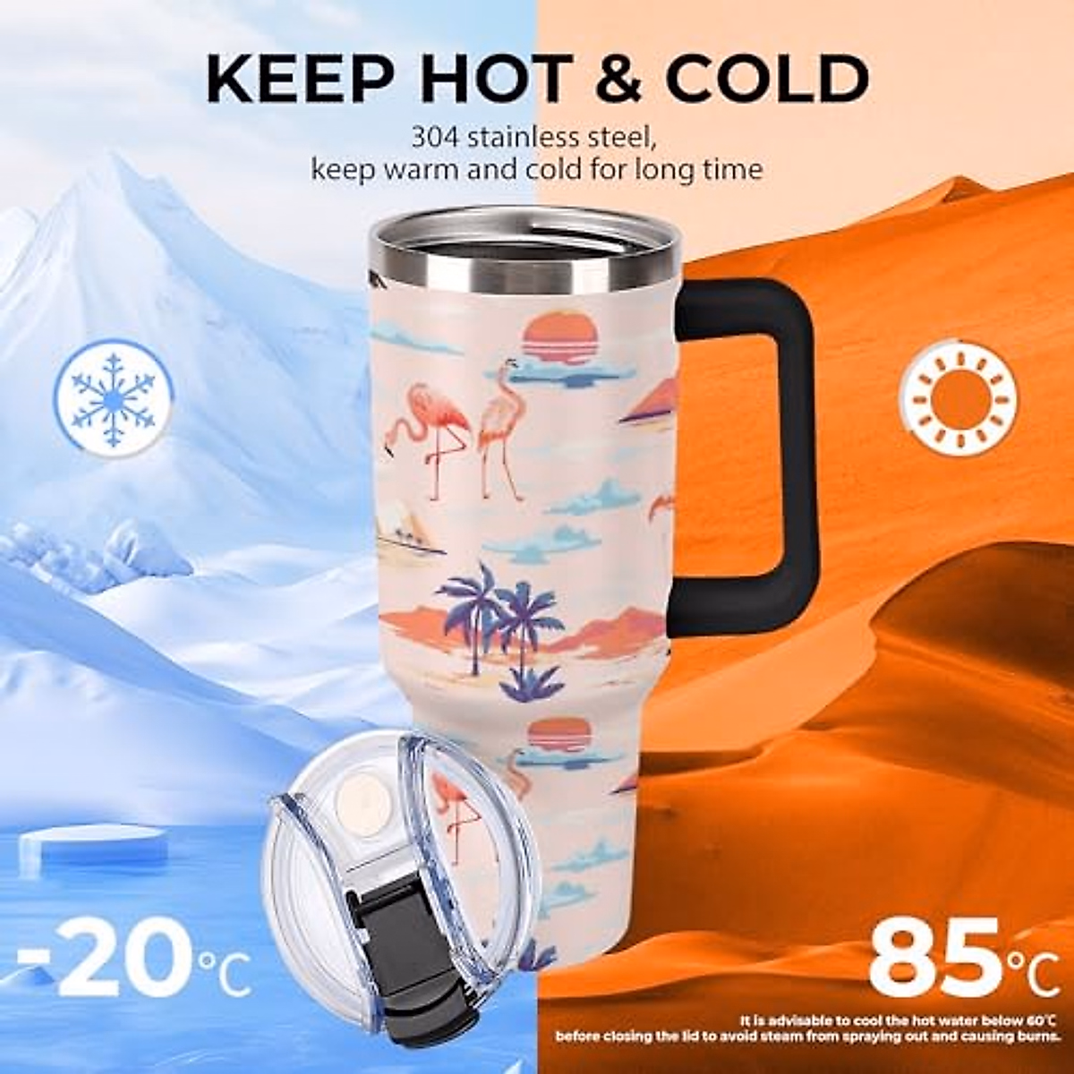 40oz Sunset Flamingo Insulated Stainless Steel Tumbler with Handle Leakproof Water Bottles Travel Mug with Lid And Straw