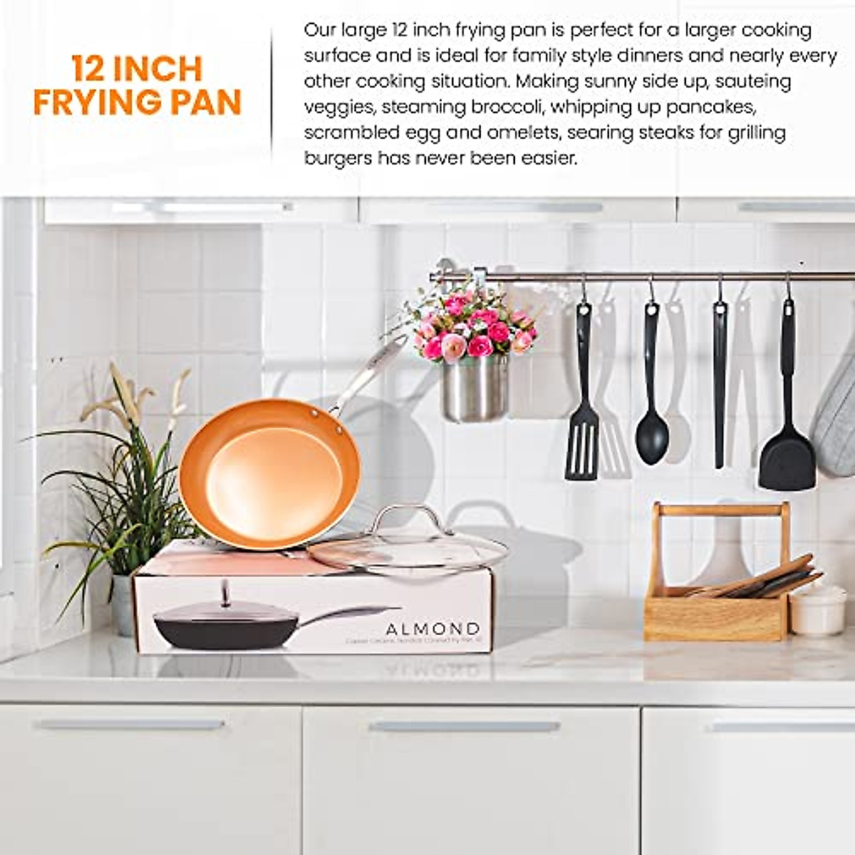 Almond 12 Inch Non-Stick Frying Pan with Lid - Copper Ceramic Fry Pans with Tempered Glass Lid & Stainless Steel Handle, Round Aluminum Saute Pan, Dishwasher and Oven Safe - 12 inches