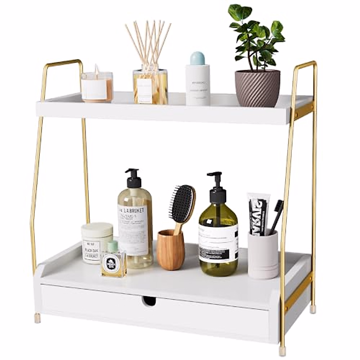 MONVANE 2-Tier Bathroom Organizer Countertop - Solid Wood Bathroom Counter Organizer with Drawer, Simple Standing Vanity Tray for Bathroom Organization and Bathroom Storage (White and Gold)