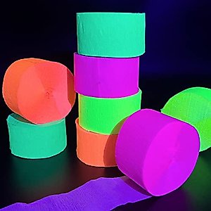 800feet Blacklight Party Streamer Decorations 8 Rolls Glow Crepe Paper UV Reactive Fluorescent Neon Paper Streamers Glow Party Supplies and Decorations for Wedding, Birthday, Neon Party, Fiesta Party