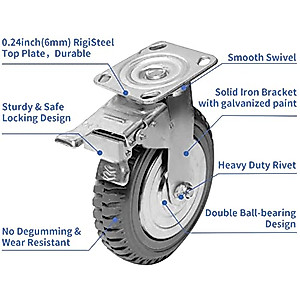 Chrov 6 Inch Heavy Duty Plate Casters Wheels Set of 4 Swivel Casters 1322lbs Smooth Silent 360 Degree Rotation Ball Bearing (2 with Brake Lock, 2 Without Brake)