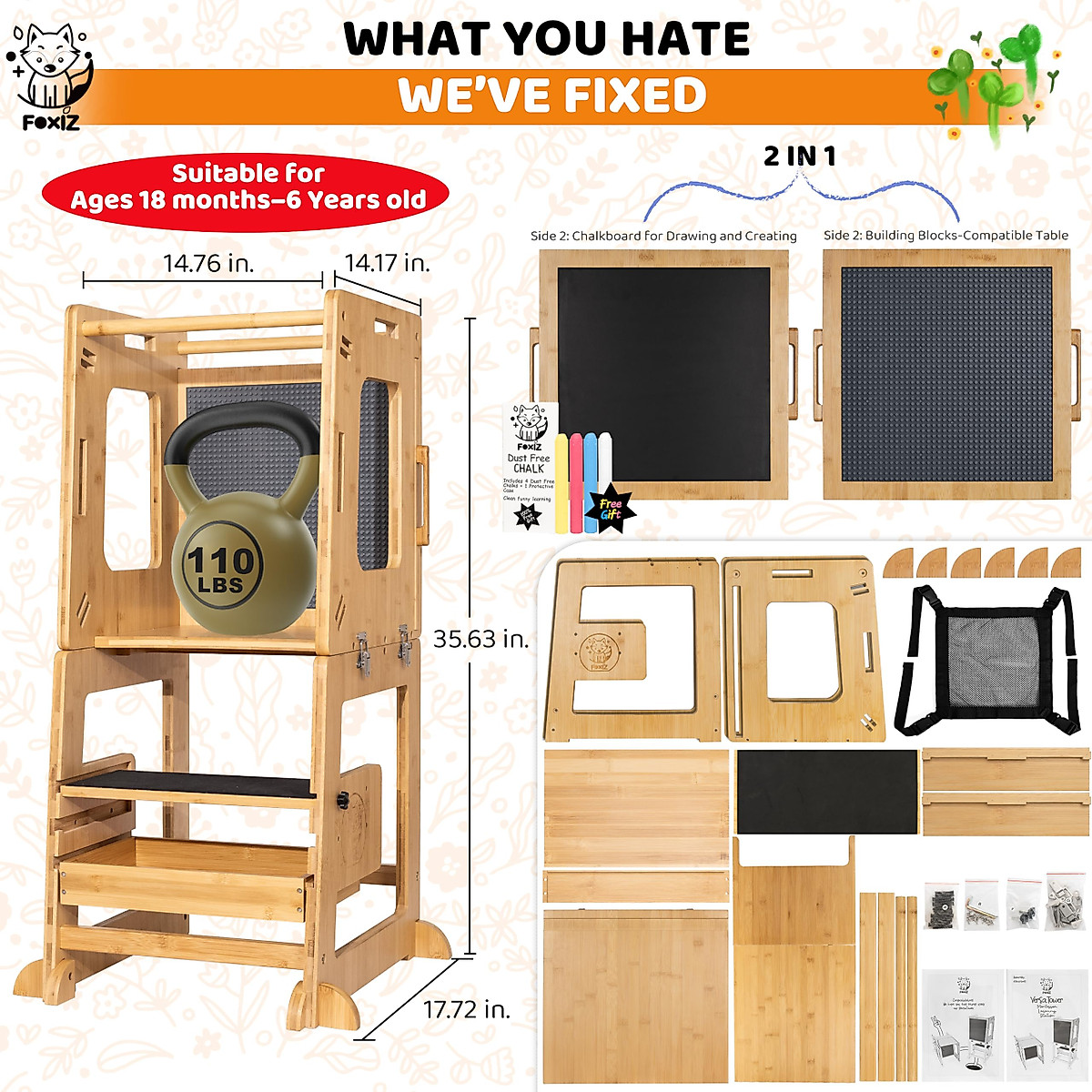 Convertible Toddler Tower and Table with Storage, Bamboo 4-in-1 Collapsible Toddler Tower, Weaning Table and Tower, Toddler Step Stool Foldable Learning Tower for Toddlers 1-3, Toddler Tower and Desk