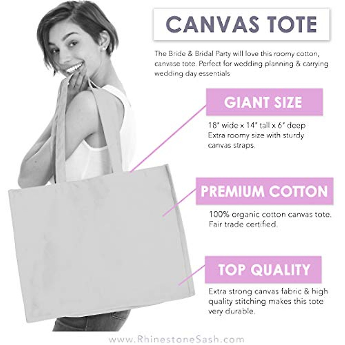 Bride Tote Bag, Bride Kit- Giant 18" x 14" Cotton Canvas White Totes with Diamond Motif Rhinestones, Engagement or Bridal Shower Gift & Accessories Bride Tote - White Tote(DiaBride RS) WHT