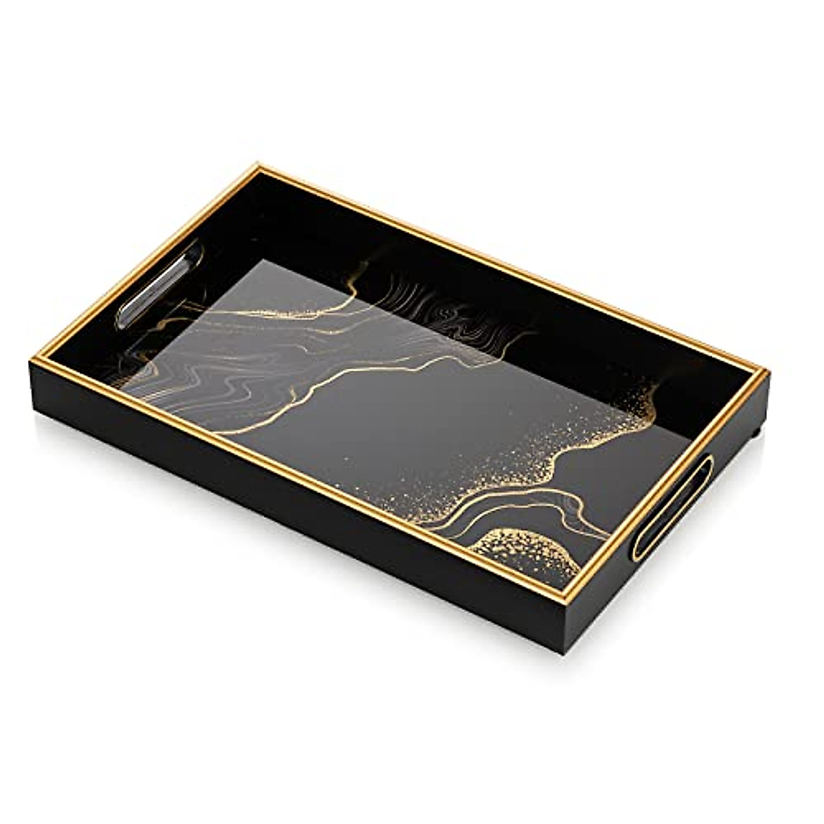 Hanobe Decorative Serving Tray Black: Coffee Table Tray with Handles for Ottoman Home Decor Modern Gold Rim Glass Drink Trays for Kitchen Counter Decanter Bar, Easy to Clean