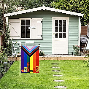 FLAGWIN Progress Pride Flags EVERYONE IS WELCOME HERE 12x18 LGBTQ Garden Rainbow Pride Flag with Vivid Color and Durable Nylon, Inclusive Gay Outdoor Flag for Yard Lawn Wall or Room(Stand not included)