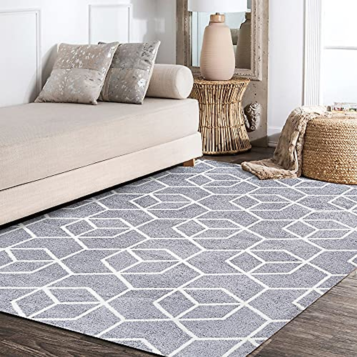 JONATHAN Y SEU101F-5 Tumbling Blocks Modern Geometric Indoor Area-Rug Contemporary Casual Easy-Cleaning Bedroom Kitchen Living Room Non Shedding, 5 X 8, Gray/White