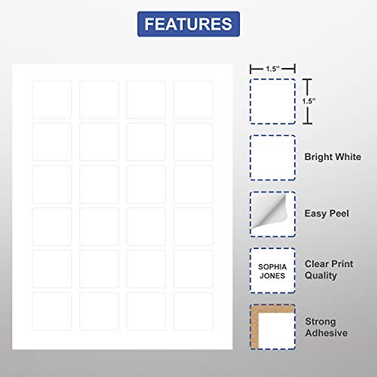 TYH Supplies White Matte Square Printer Labels 1.5 x 1.5 Inch, 2400 Labels, Laser & Inkjet, Strong Adhesive, Compatible with Avery 22805 Template