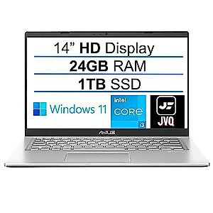ASUS Newest Vivobook Laptop, 14" HD Display, Intel Core i3-1115G4 Processor, 24GB RAM, 1TB SSD, Intel UHD Graphics 770, Bluetooth, Webcam, Windows 11 Home, Silver, JVQ MP