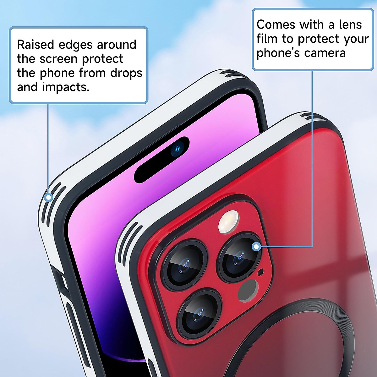 Guppy Compatible with iPhone 14 Pro Max Case Magnetic, with Full Camera Lens Protector [Compatible with MagSafe] Scratch Resistant Gradient Glass Back Cover Phone Case-Red