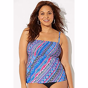 Swimsuits For All Women's Plus Size Smocked Bandeau Tankini Top 24 Pink Blue Zigzag Multicolored
