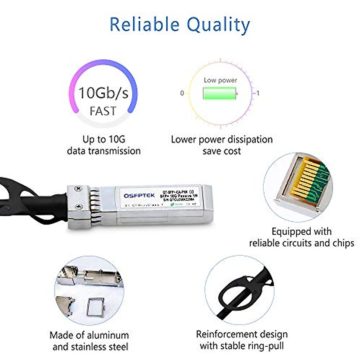 QSFPTEK 10G SFP+ DAC Cable, 1m (3ft) Passive Direct Attach Copper Twinax Cable for Cisco SFP-H10GB-CU1M, Ubiquiti, D-Link, Netgear, Mikrotik, Open Switch Devices
