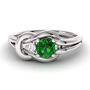 Diamondere Natural and Certified Emerald and Diamond Engagement Ring in 14K White Gold | 0.25 Carat Infinity Knot Ring Size 7