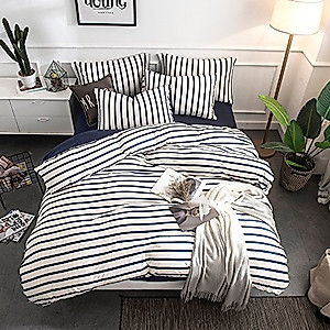 Merryfeel Cotton Duvet Cover Set,100% Cotton Jersey Knit Striped Duvet Cover and Pillowshams,3 Pieces Bedding Set - (Queen,Navy Stripe)