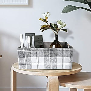 ANMINY 2PCS Storage Bins Set Foldable Cotton Linen Open Storage Baskets Box with Wood Handles Decorative Nursery Baby Kid Toy Clothes Towel Laundry Organizer Container - Small, Light Gray Plaid