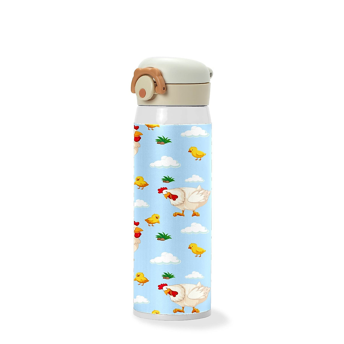 Kids Water Bottle White Chicken Blue Sky Stainless Steel Travel Mug for School Lunch Vacuum Insulated Cups Flask with Locking Push-Button Lid (17 oz)