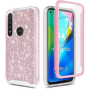 E-Began Moto G Fast Case with [Built-in Screen Protector], Full-Body Shockproof Protective Rugged Bumper Cover, Impact Resistant Case for Motorola Moto G Fast 2020 Release -Glitter Bling Rose Gold