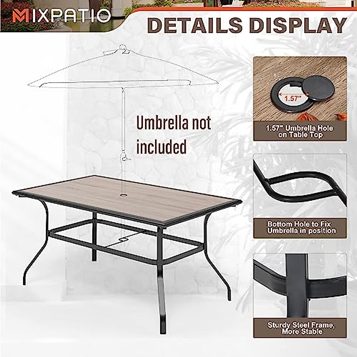 MIXPATIO Outdoor Patio Dining Set 7 Pcs, Patio Dining Table Chair Set, 6 Rattan Chairs with Cushions and 1 Dining Table with Umbrella Hole, for Lawn, Garden, Yards, Poolside