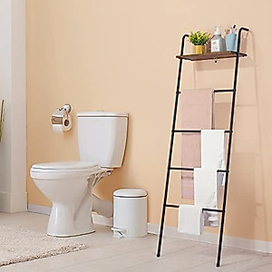 YBING Blanket Ladder 5 Layer Wall-Leaning Ladder Rack with Shelf Decorative Ladder Shelf Metal Leaning Towel Ladder Rack for Blankets or Towels for Living Room Bathroom Rustic Black