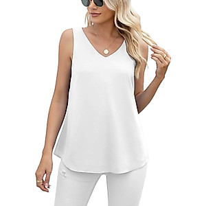 Jouica Women's White Chiffon Tank Summer Sleeveless Blouse Business Tank Flowy Tops for Women,White,Large