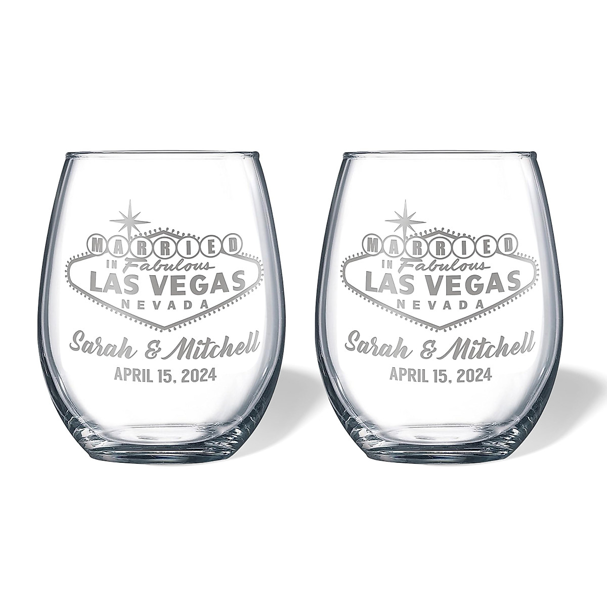Alterd Industries Married in Vegas - Las Vegas, Personalized Engraved Glasses, Wedding Gift, Enganged Couples Gift, Toasting Glasses, Beer Glasses (Stemless Wine Glasses)