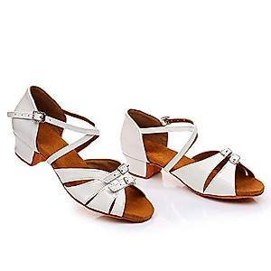 YKXLM Girl's & Women's Leather Latin Dance Shoes Ballroom Adjustable Buckle Dancing Shoes Cross Strap Ballroom Heels,Model AS-WH-D28-White-3.5cm,12.5 M Little Kid