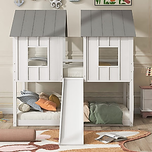 Merax Twin-Over-Twin Wooden House Bunk Bed with Slide, Windows, Ladder and Guardrails, Twin Size White House Bunk Bed