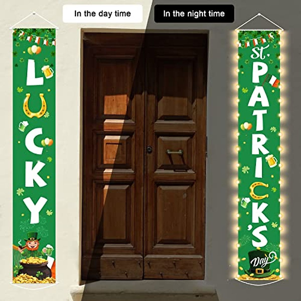 St Patrick's Day Front Door Banners Lighted Irish Shamrock Porch Sign with LED Light Decorations Lucky Door Sign Shamrock Hanging Banner for St Patrick's Day Spring Party Indoor Outside Lighted Decor