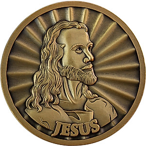 Jesus Coin, Head of Christ by Warner Sallman Challenge Coin, KJV Bible Verse Prayer Token, Antique Gold Plated Catholic and Christian Religious Jesus Picture Coin