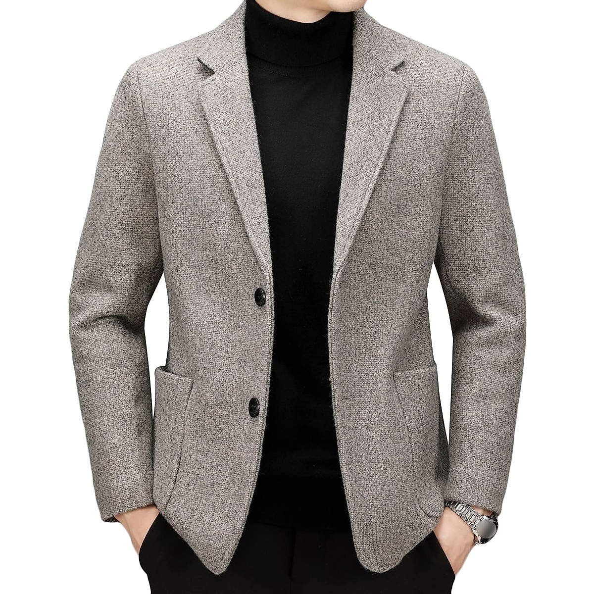 Men Casual Wool Blend Suit Blazer Herringbone Tweed Two Button Business Jacket Lightweight Wedding Sport Coat (Brown,4X-Large)