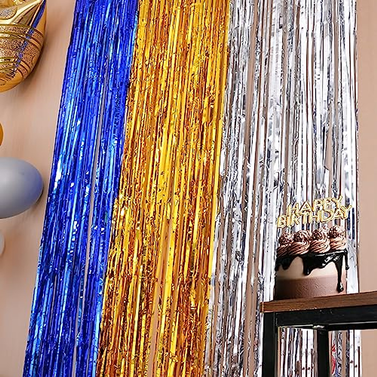 LOLStar 2 Pack Navy Blue Gold and Silver Party Decorations 3.3X6.6 ft Each Foil Fringe Tinsel Curtains Backdrop, Streamers - Perfect for Birthdays, Showers, Retirement， Graduations, Weddings